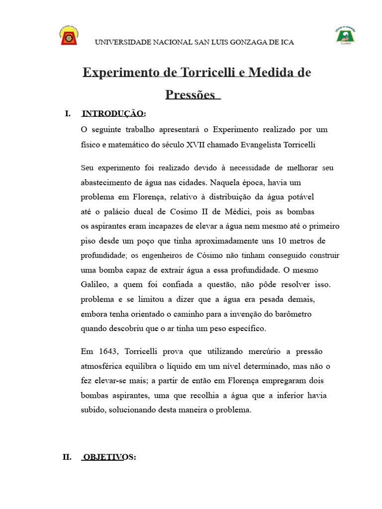 Experimento de Torricelli | PDF | Pressão | Física Aplicada e ...