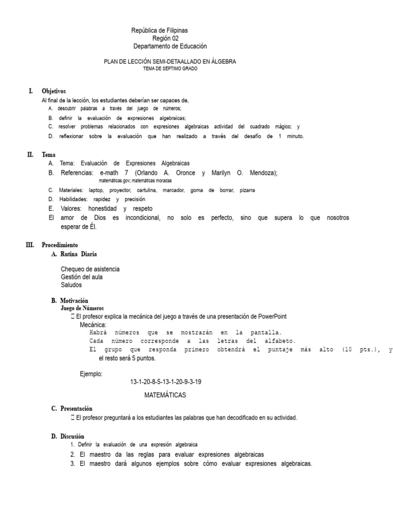 Plan de Lección Semi-Detallado en Álgebra - Jennifer Coballes | PDF