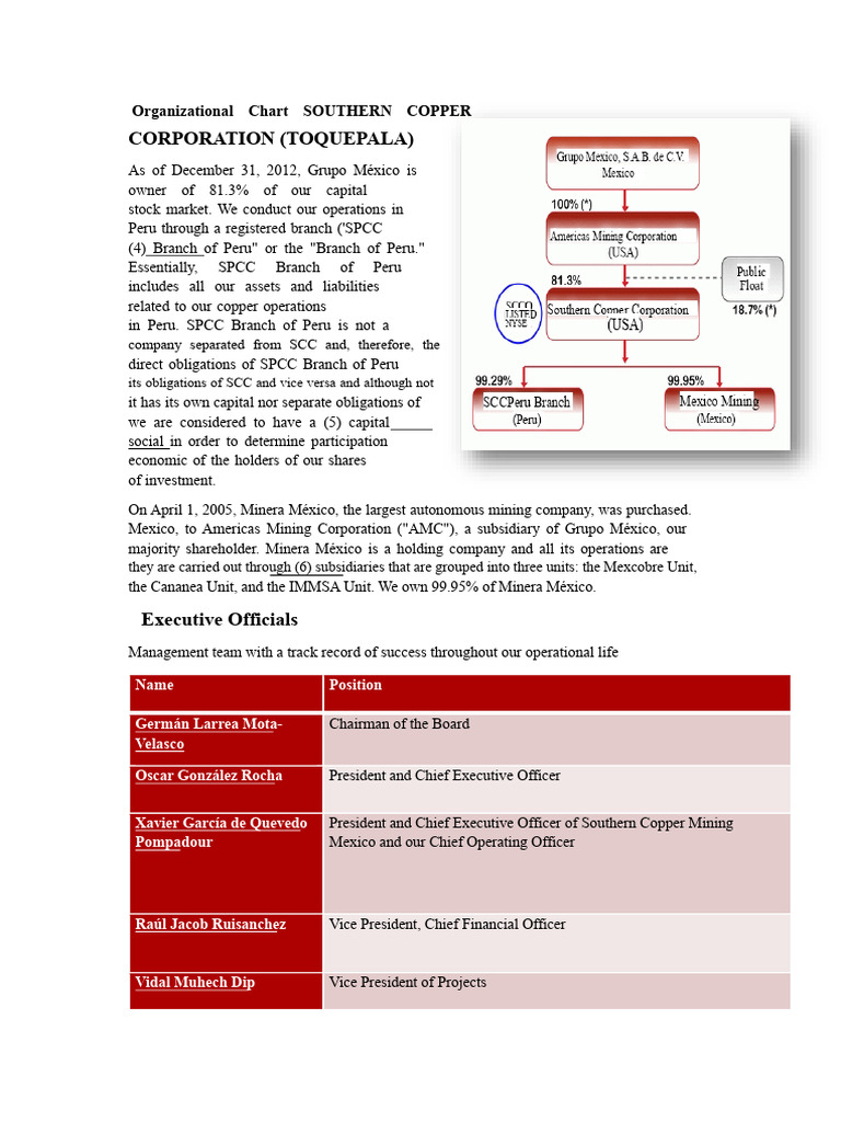 Organizational Chart of Southern Copper Corporation | PDF