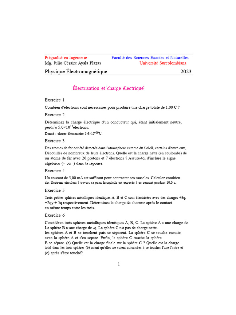 Exercices sur l'électrisation et charges électriques | PDF | Électron | Ion