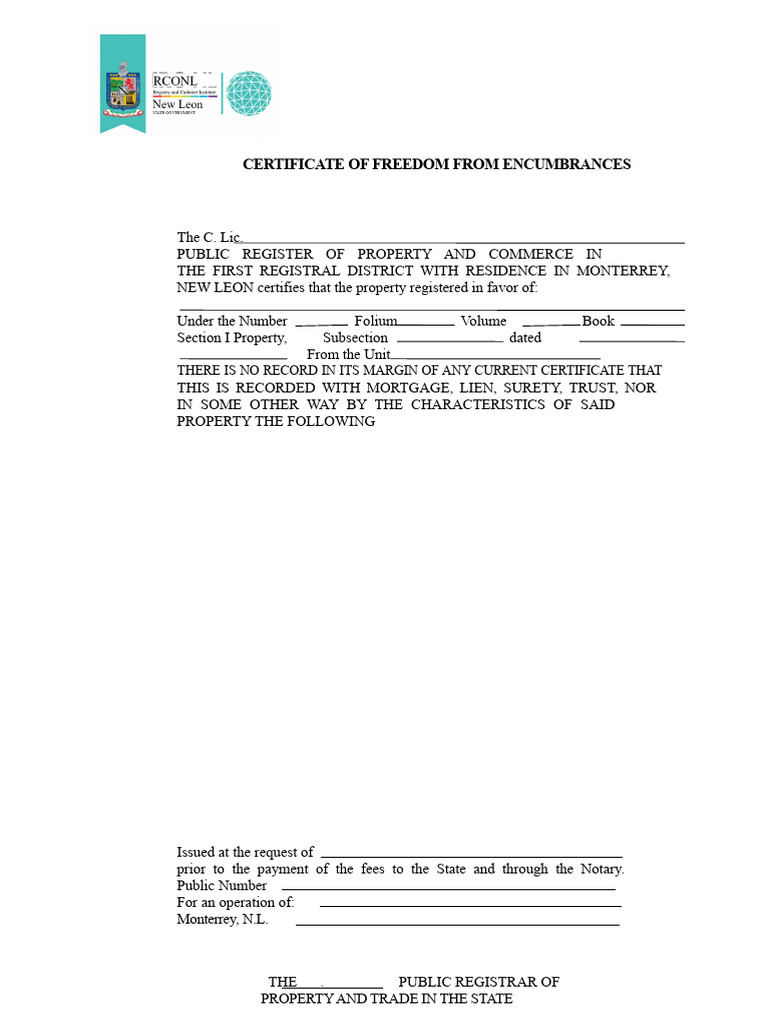Example Certificate of Free Lien | PDF