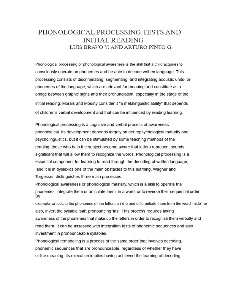 Summary Manual For Phonological Processing and Initial Reading | PDF ...