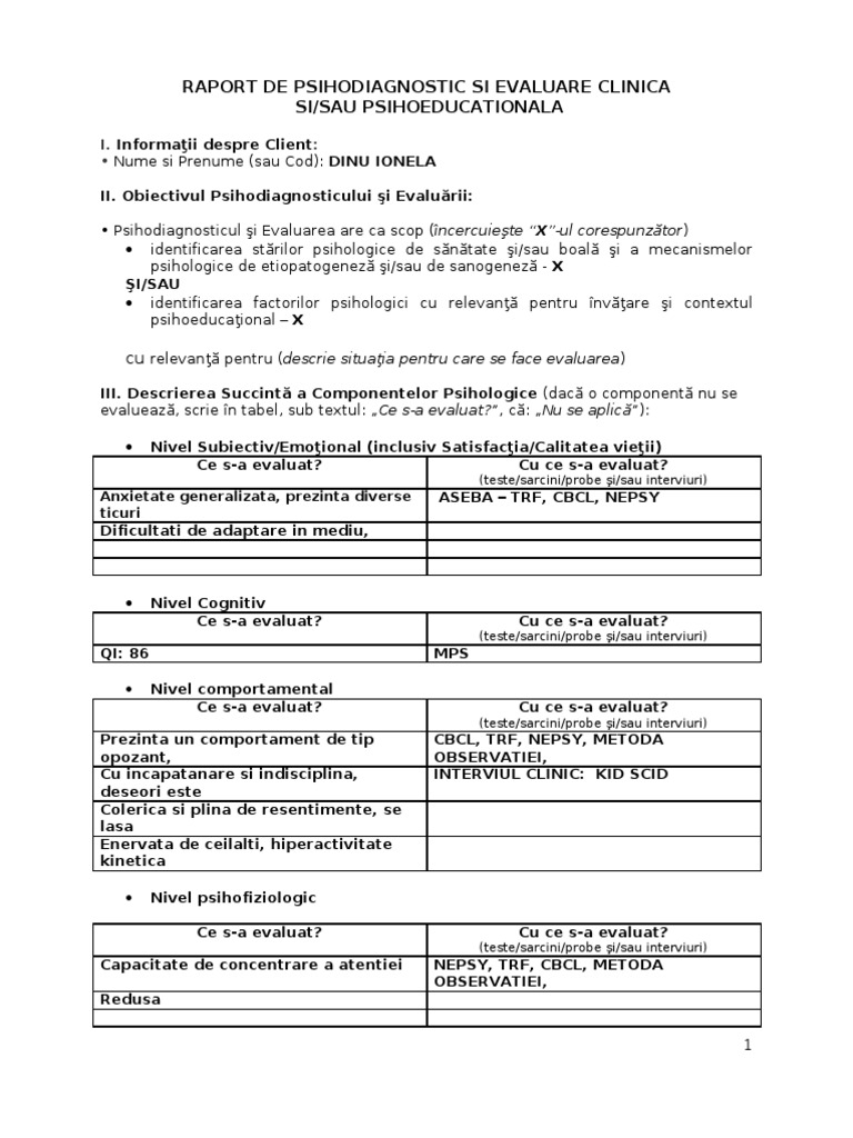 6 - Raport de Psihodiagnostic Si Evaluare Clinica | PDF