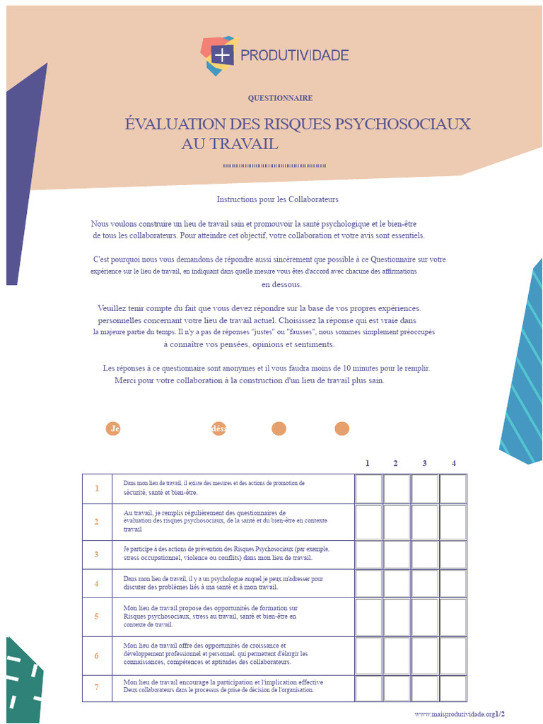 Questionnaire sur les Risques Psychosociaux | PDF | Psychologie ...