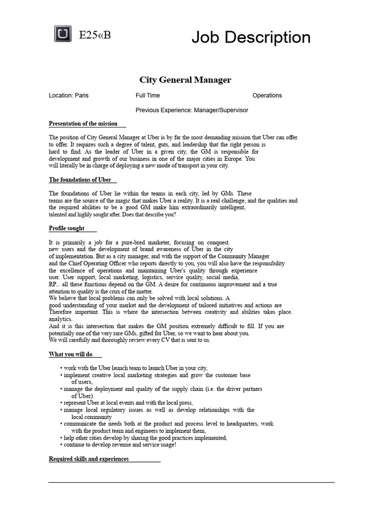 Job Description: General Manager | PDF | Experience | Marketing