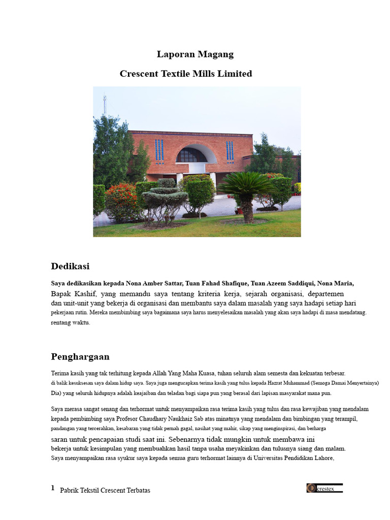 Laporan Magang di Crescent Textile Mills | PDF