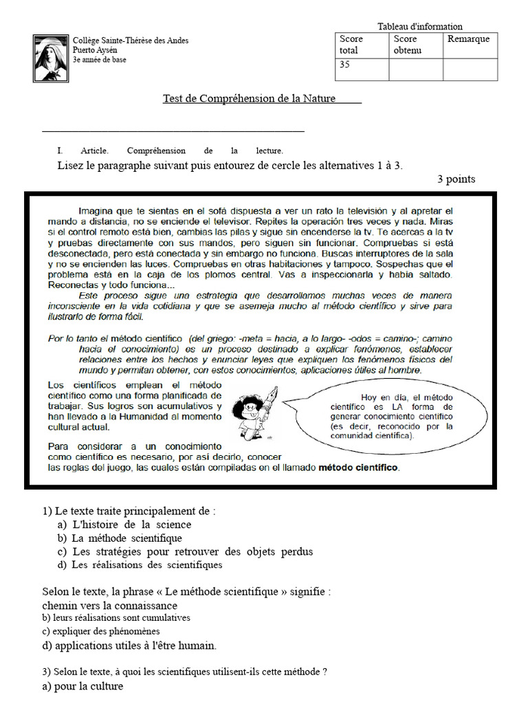 Test de Compréhension de la Nature | PDF | Méthode scientifique ...