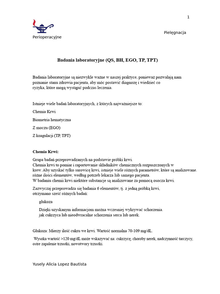 Badania Laboratoryjne. BH, QS, EGO, TP | PDF