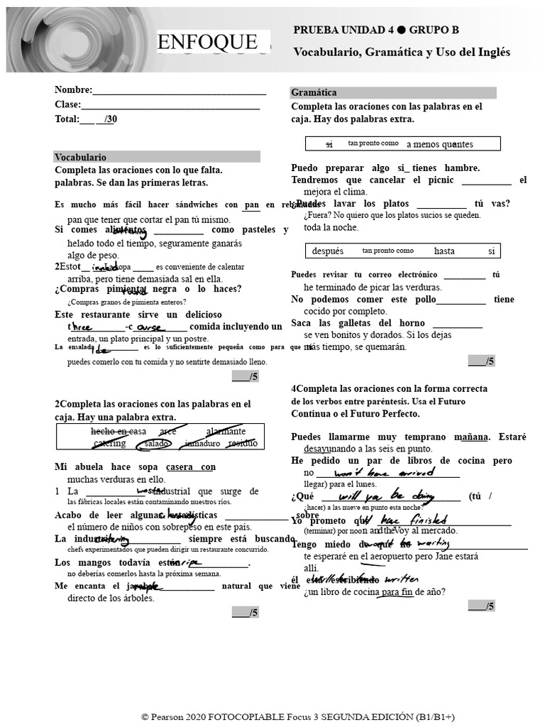 Prueba de Vocabulario y Gramática B1 | PDF | Cocina | Alimentos