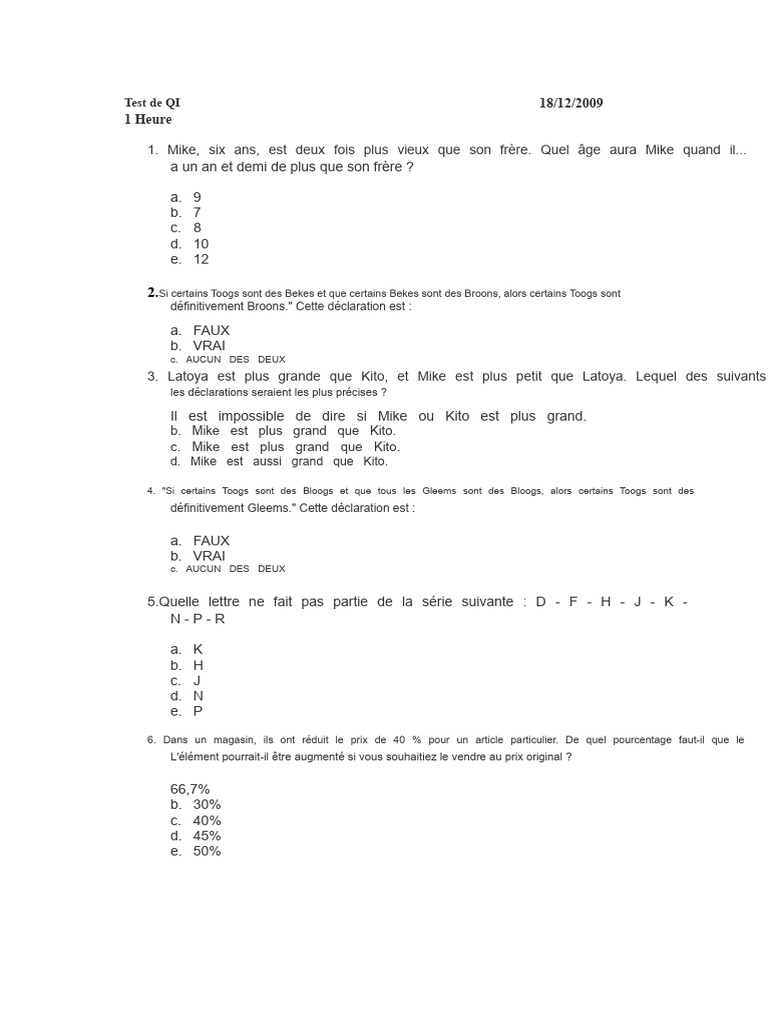 Test de QI : Questions et Réponses | PDF | Échecs