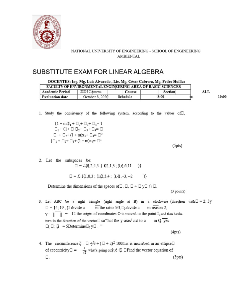 Substitute Exam of Linear Algebra (Modified) | PDF | Ellipse | Vector Space
