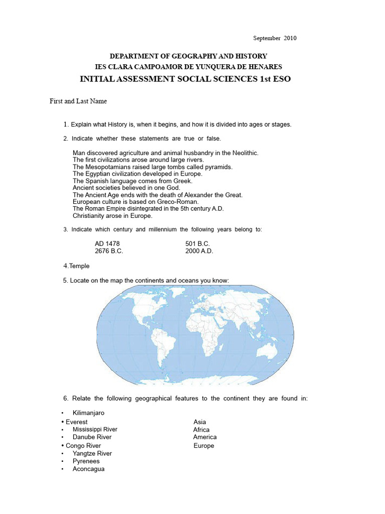 Initial Assessment: Social Sciences 1st & 2nd ESO | PDF | Europe