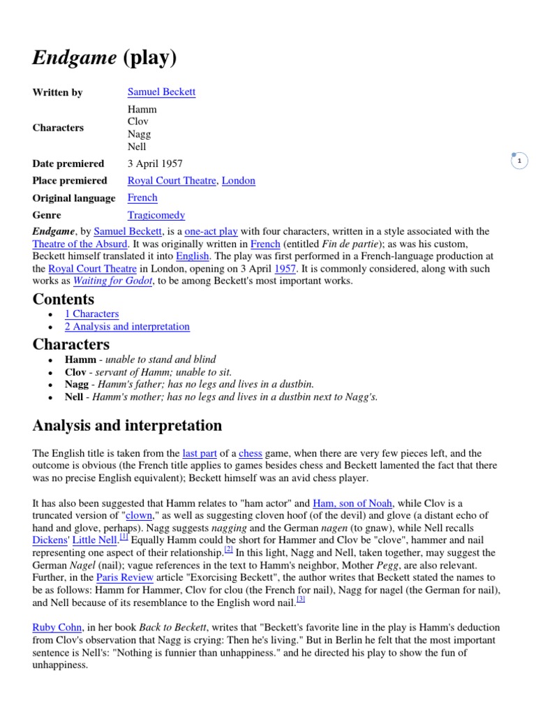 Endgame: Characters and Analysis | PDF | Samuel Beckett | Theatre