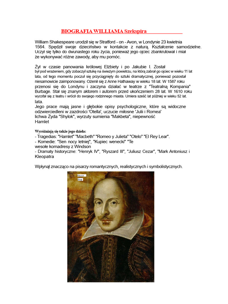 Biografia Williama Szekspira | PDF