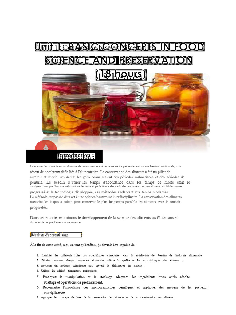 Unité 1 Fondamentaux de La Science Et de La Technologie Alimentaires ...