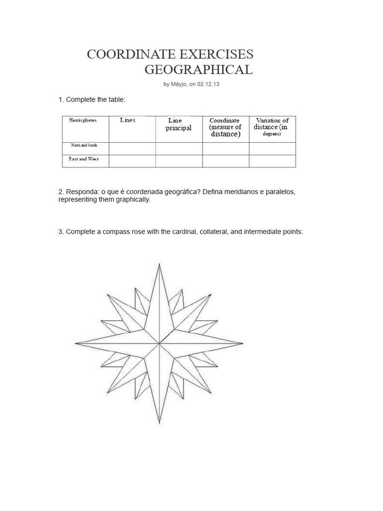Exercises On Geographic Coordinates | PDF | Latitude | Longitude