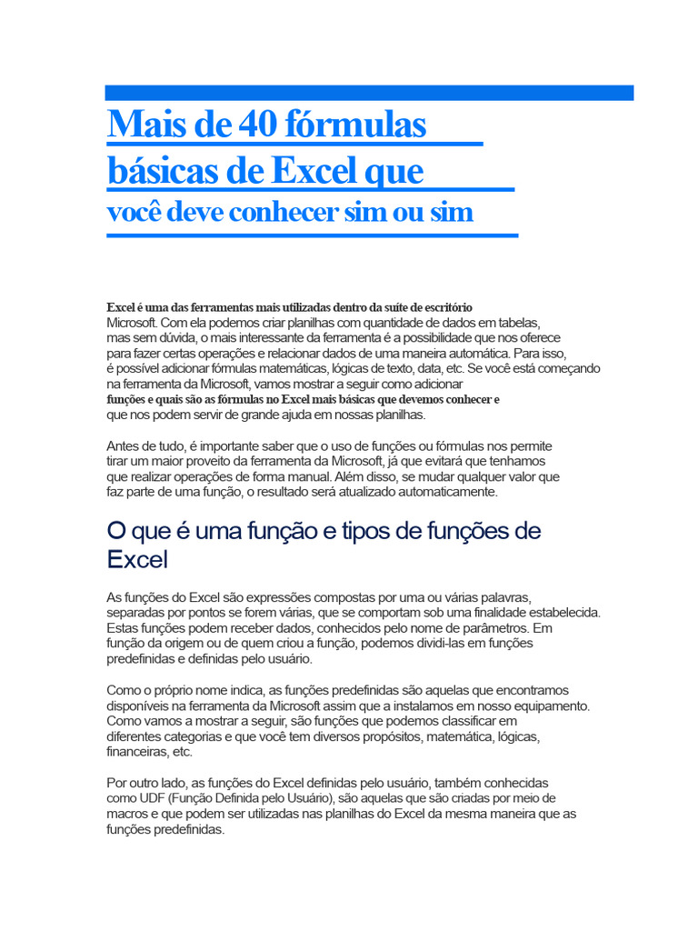 Fórmulas Básicas de Excel Essenciais | PDF | Microsoft Excel | Função ...
