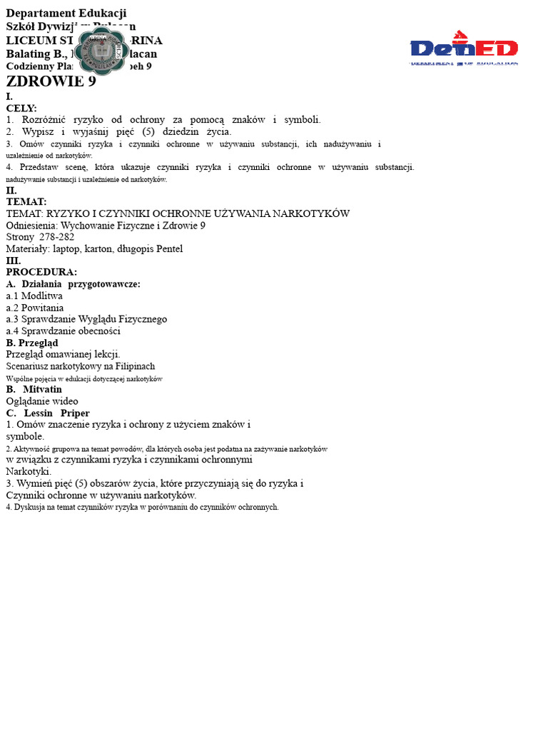 Codzienny Plan Lekcji W MAPEH 9, 2. COT | PDF