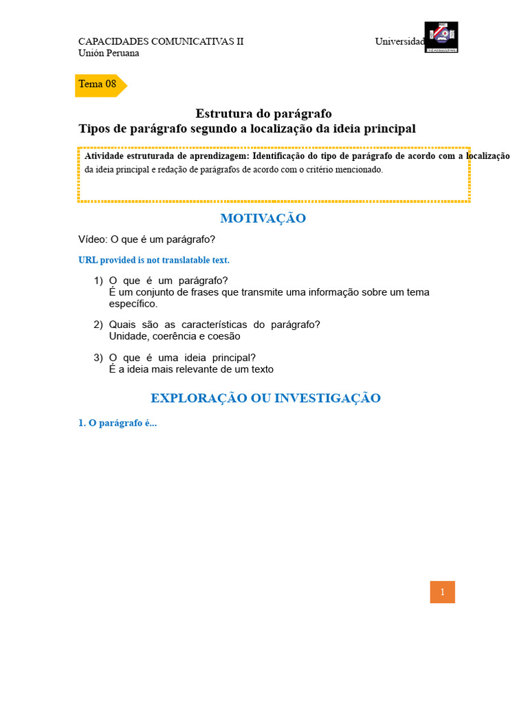 Tema 8 Estrutura. Parágrafo-Tipos Segundo Ubic. Ideia Principal | PDF ...