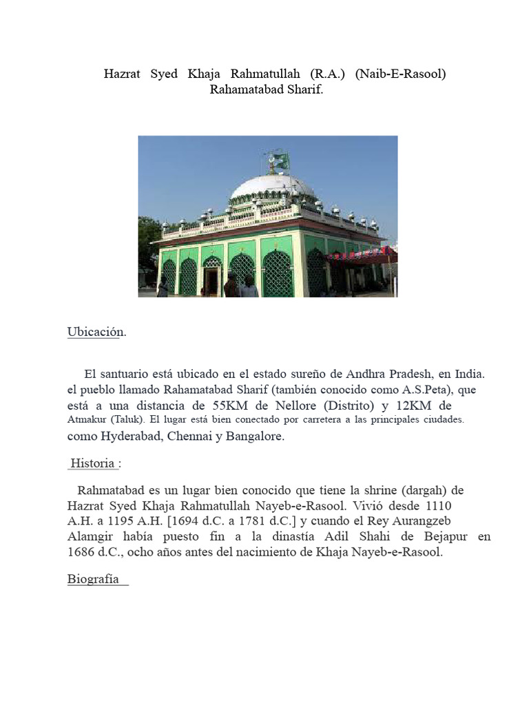 Biografía de Hazrat Syed Rahmatullah Quaderi Rahmatabad | PDF | Santuario | Mezquita