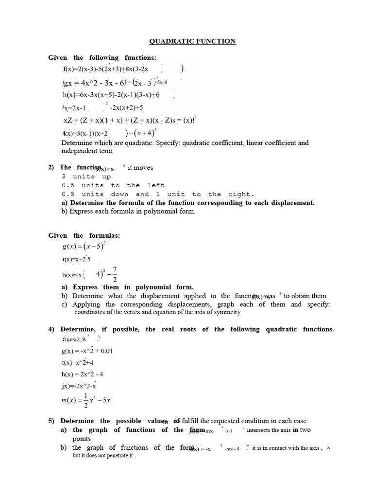 Quadratic Function Exercises | PDF | Quadratic Equation | Polynomial