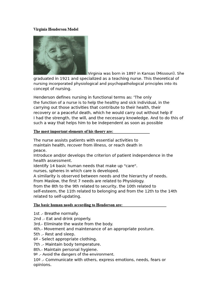 Virginia Henderson Model | PDF | Theory | Nursing