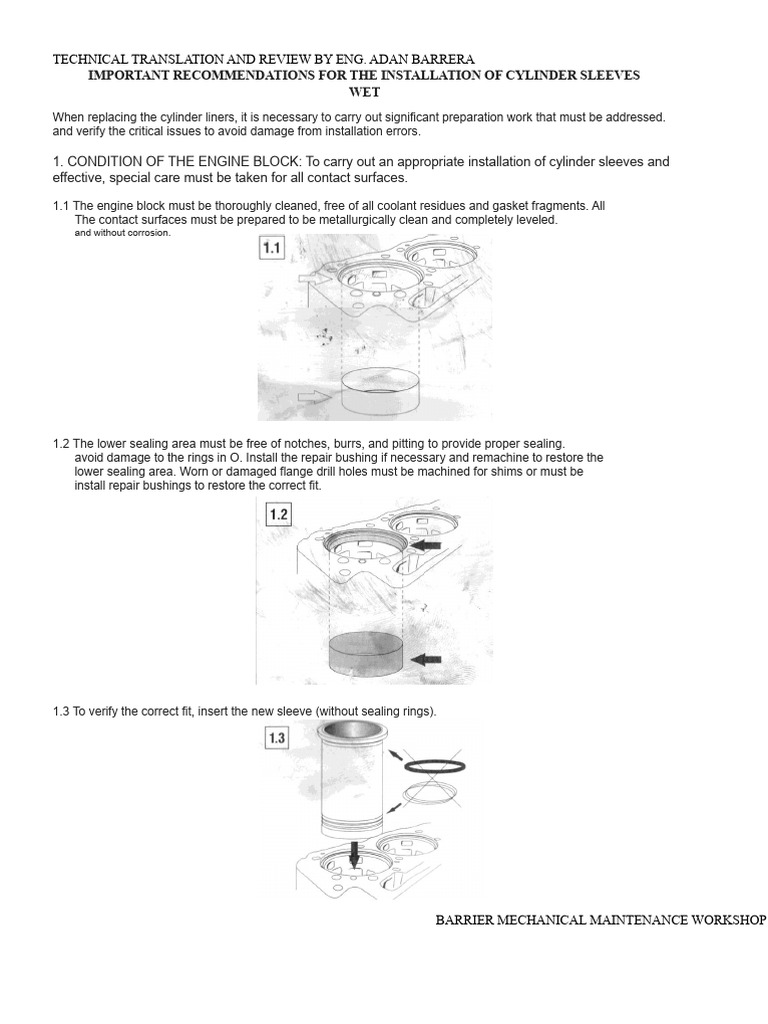 Wet Sleeve Installation Guidelines | PDF | Cylinder (Engine) | Silicone