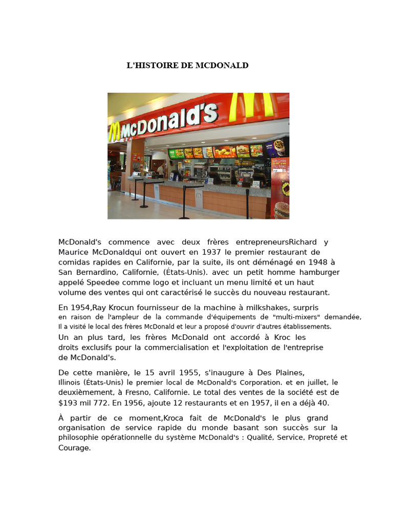 Histoire de la création de McDonald's | PDF | McDonald's | Hamburgers
