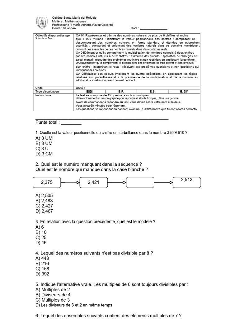 Test de mathématiques 6e année | PDF | Entier naturel | Division
