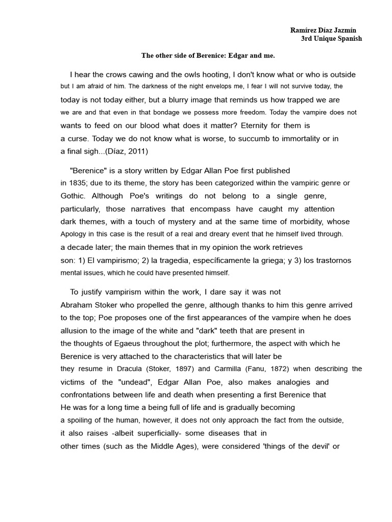 Literary Analysis of Berenice | PDF | Vampires | Mental Disorder