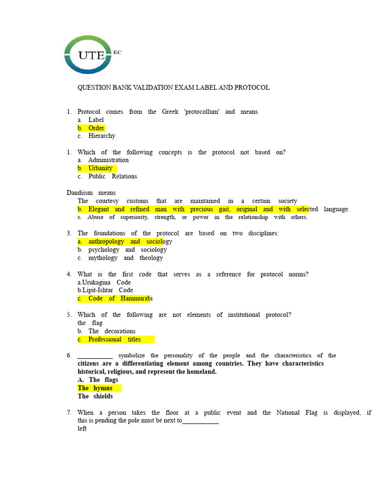 Bank of Questions Validation Exam Label and Protocol-1 | PDF ...