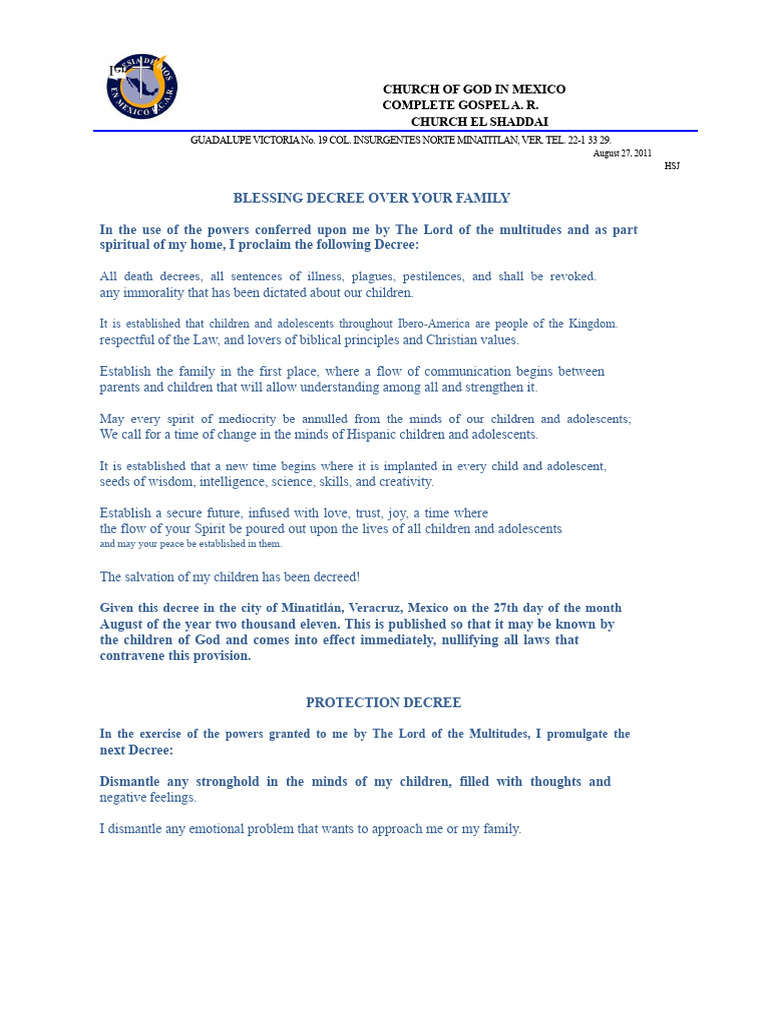 Blessing Decree Over Your Family | PDF | God | Depression (Mood)