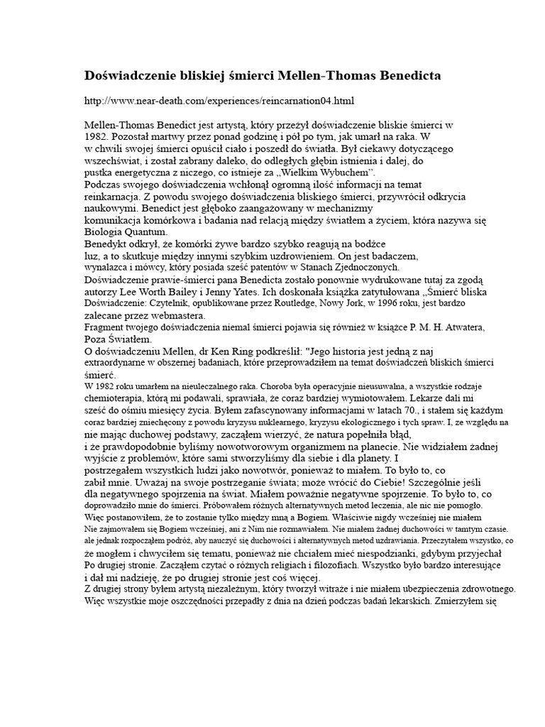 Apostila - DOŚWIADCZENIE BLISKIE ŚMIERCI - Mellen Thomas Benedict | PDF