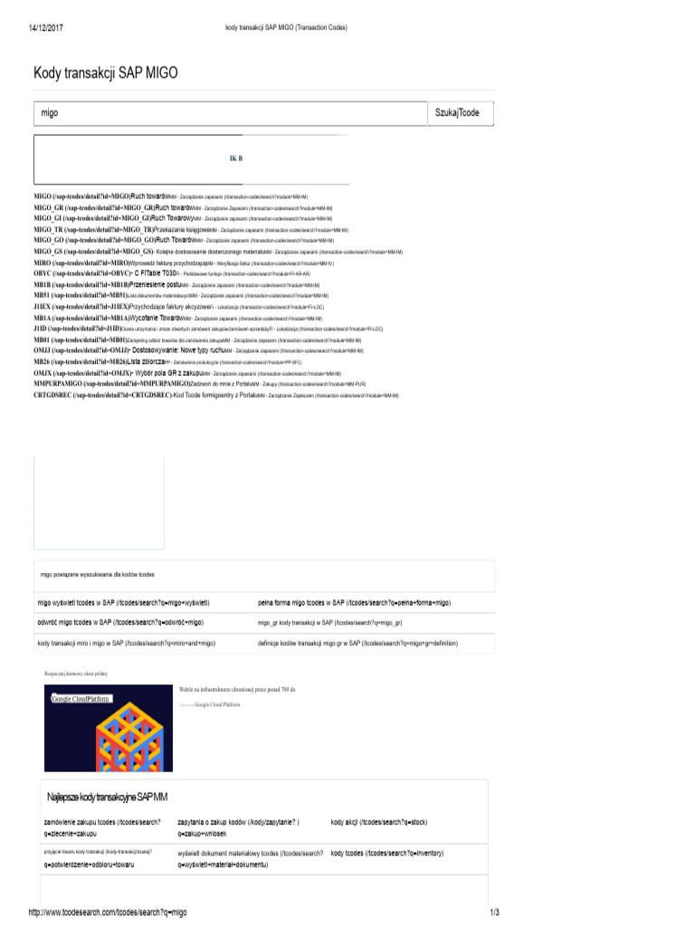 Kody Transakcji SAP Migo (Kody Tcodes) | PDF