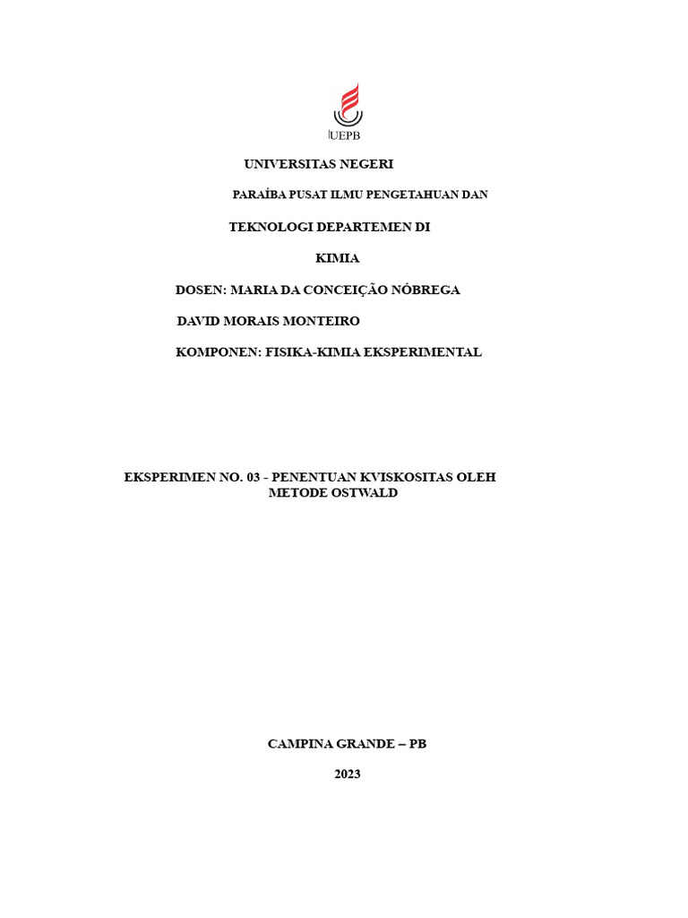3 - Penentuan Viskositas Dengan Metode Ostwald - Davi Morais Monteiro | PDF