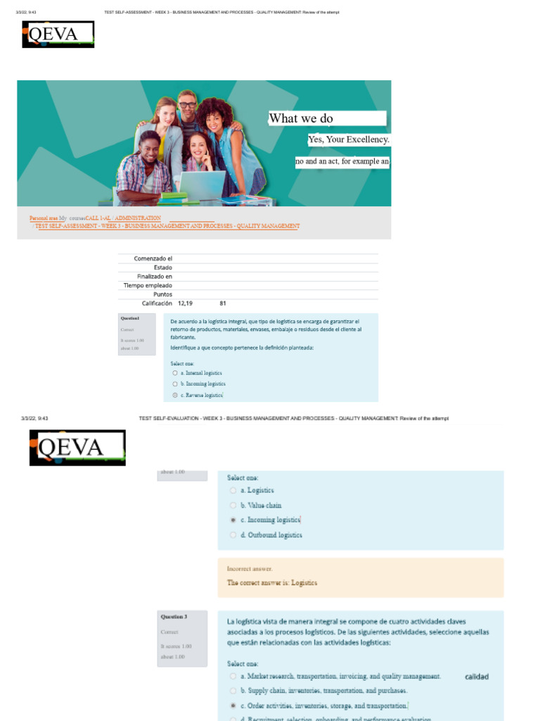 Quality Management Self-Assessment Test | PDF | Logistics | Inventory