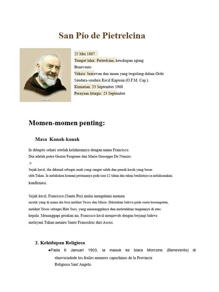 Santo Padre Pio, Data Biografi. | PDF