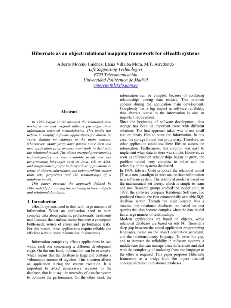 Hibernate As An Object-Relational Mapping Framework For Ehealth Systems | PDF | Relational ...