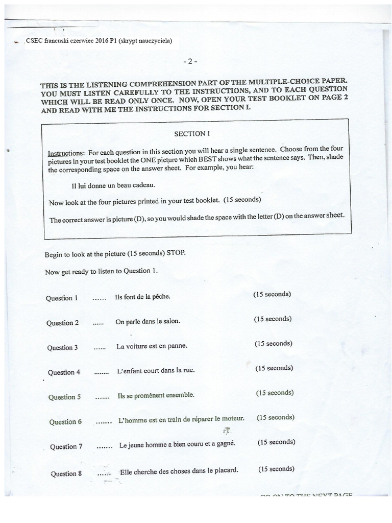 CSEC French June 2016 P1 Skrypt Nauczycieli PDF | PDF