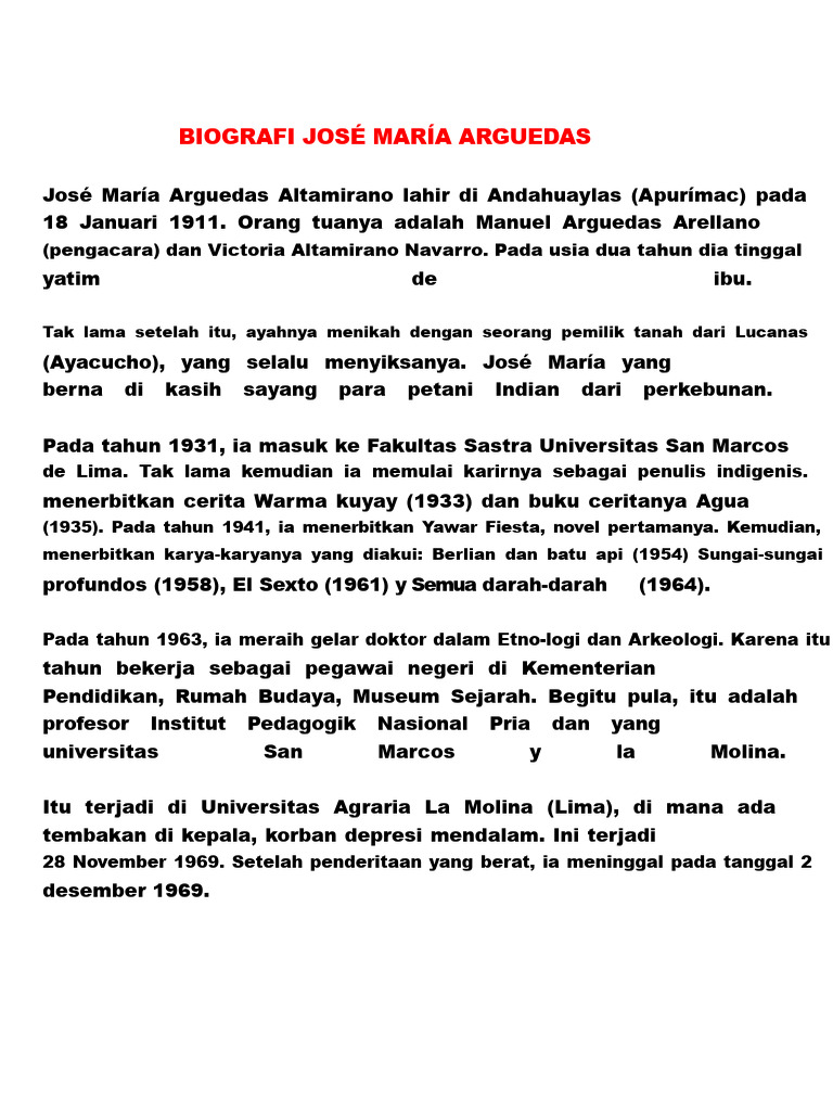 Biografi José María Arguedas: Penulis Indigenis | PDF