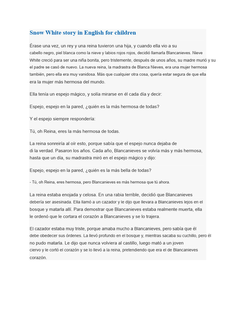Cuento de Blancanieves para niños | PDF | Blanco como la nieve