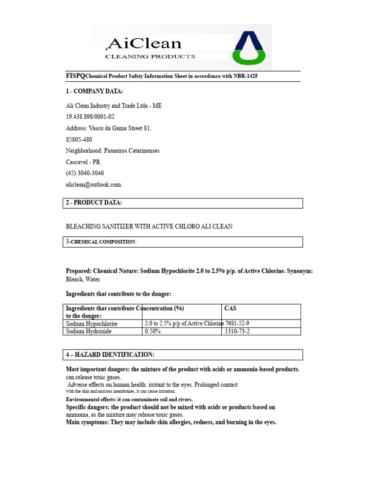 Safety Data Sheet For ALI CLEAN Bleach | PDF | Bleach | Chlorine