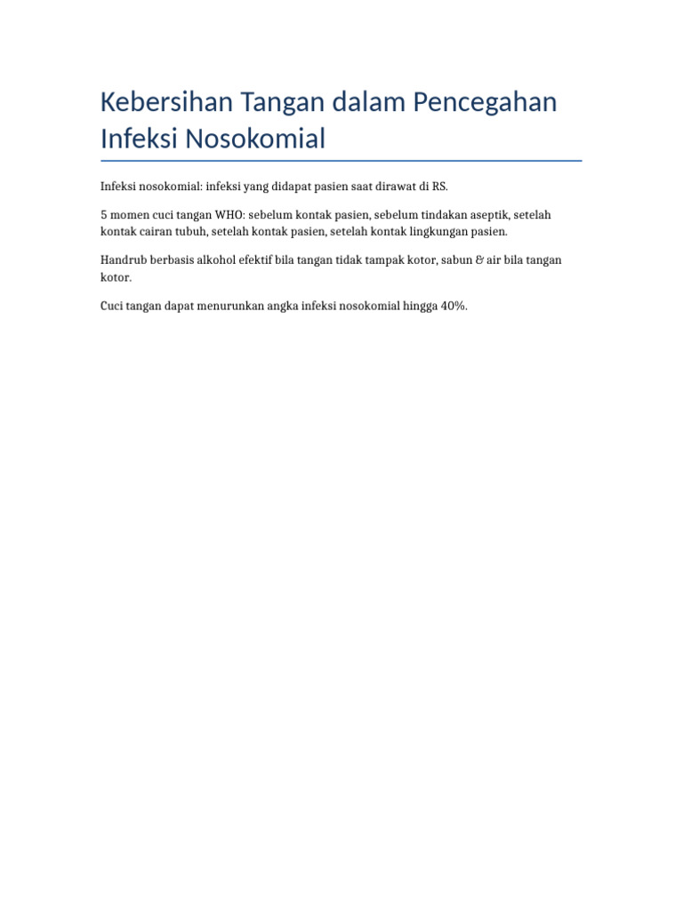 Kebersihan Tangan Dalam Pencegahan Infeksi Nosokomial | PDF