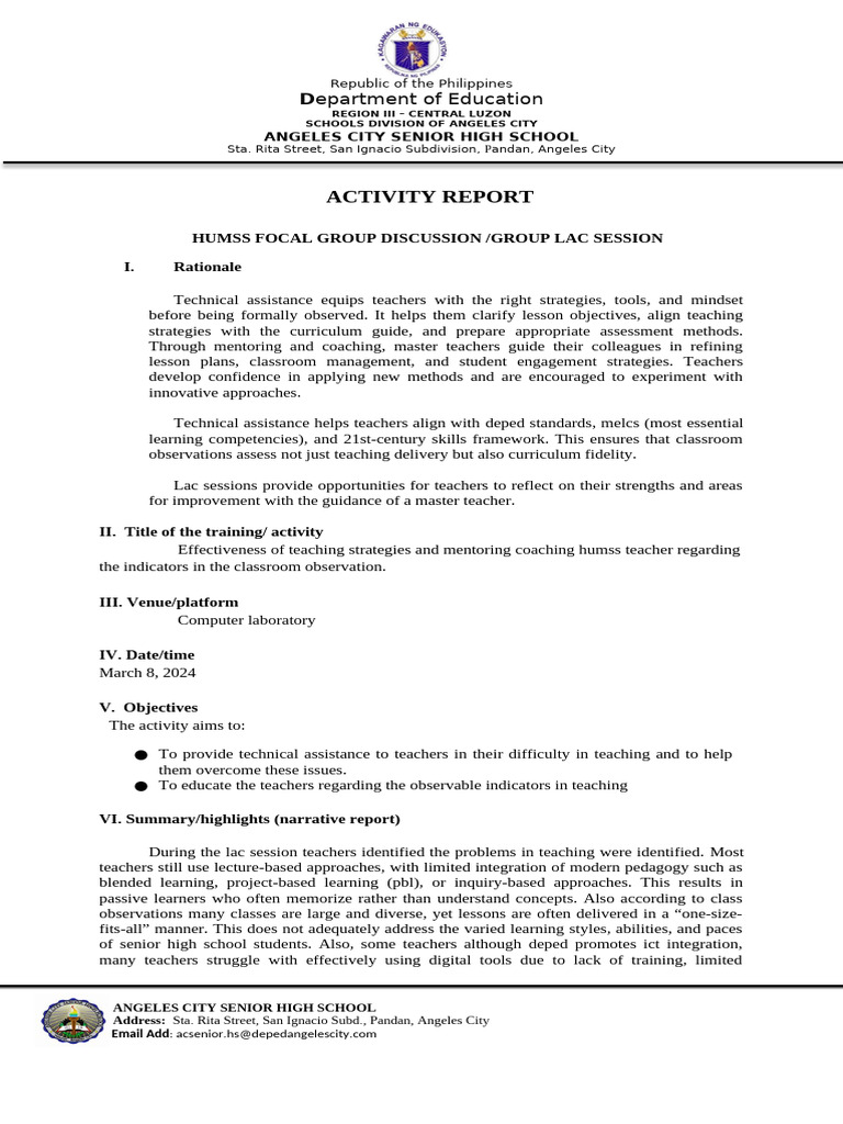HUMSS Teaching Strategies Workshop Report | PDF | Teachers | Mentorship