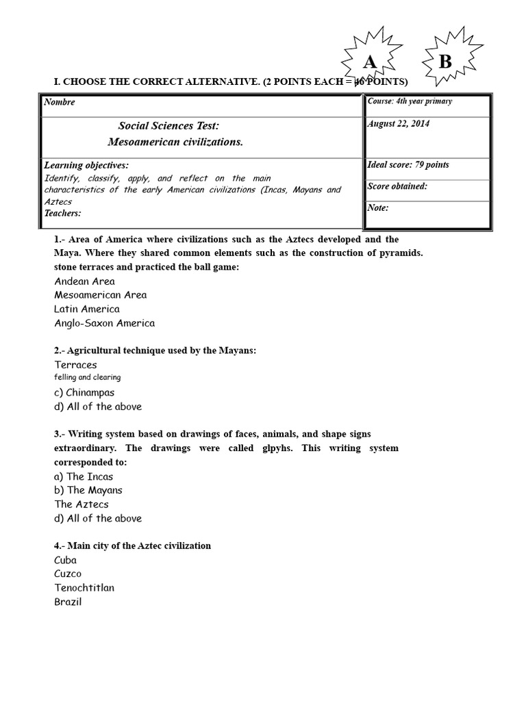 Mesoamerican Civilizations Test for 4th Year | PDF | Inca Empire ...