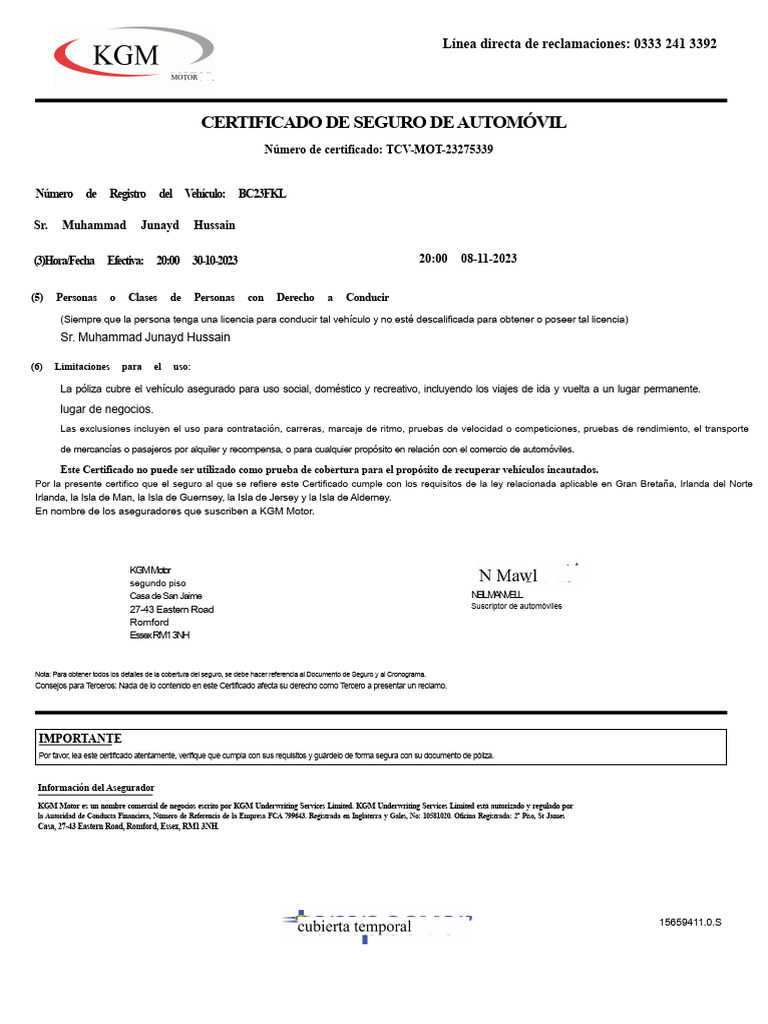 TCV-MOT-23275339 Muhammad Junayd Hussain | PDF | Póliza de seguros | Seguro