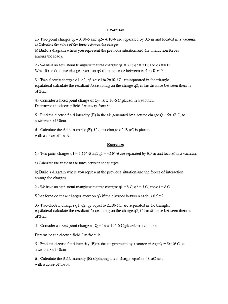 Exercises On Coulomb's Law and Electric Field. | PDF