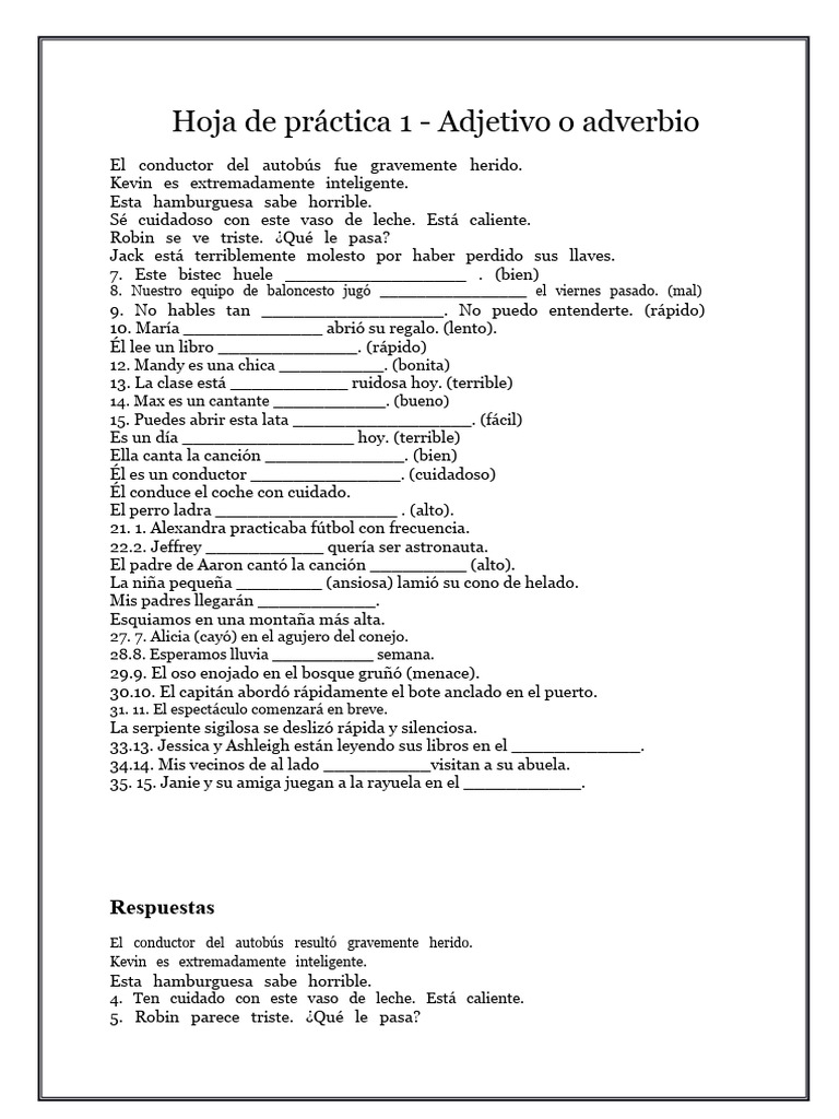 Hoja de Práctica 1 - Adjetivo o Adverbio | PDF