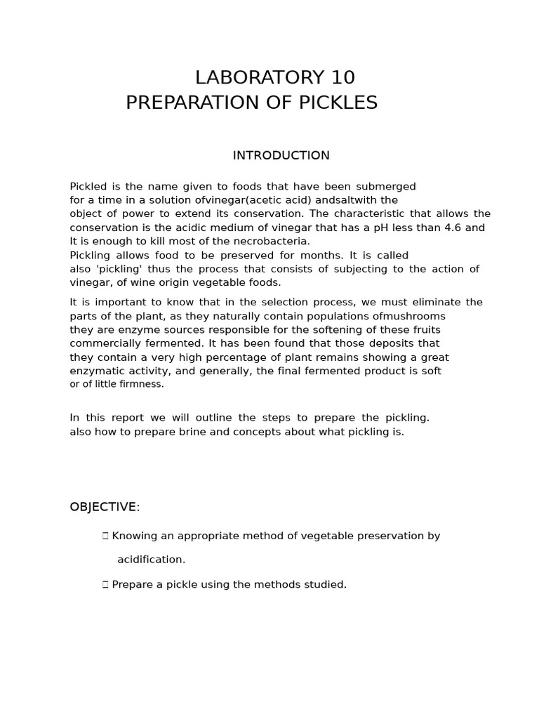 Lab 10 - Preparation of Pickles | PDF | Pickling | Food Preservation