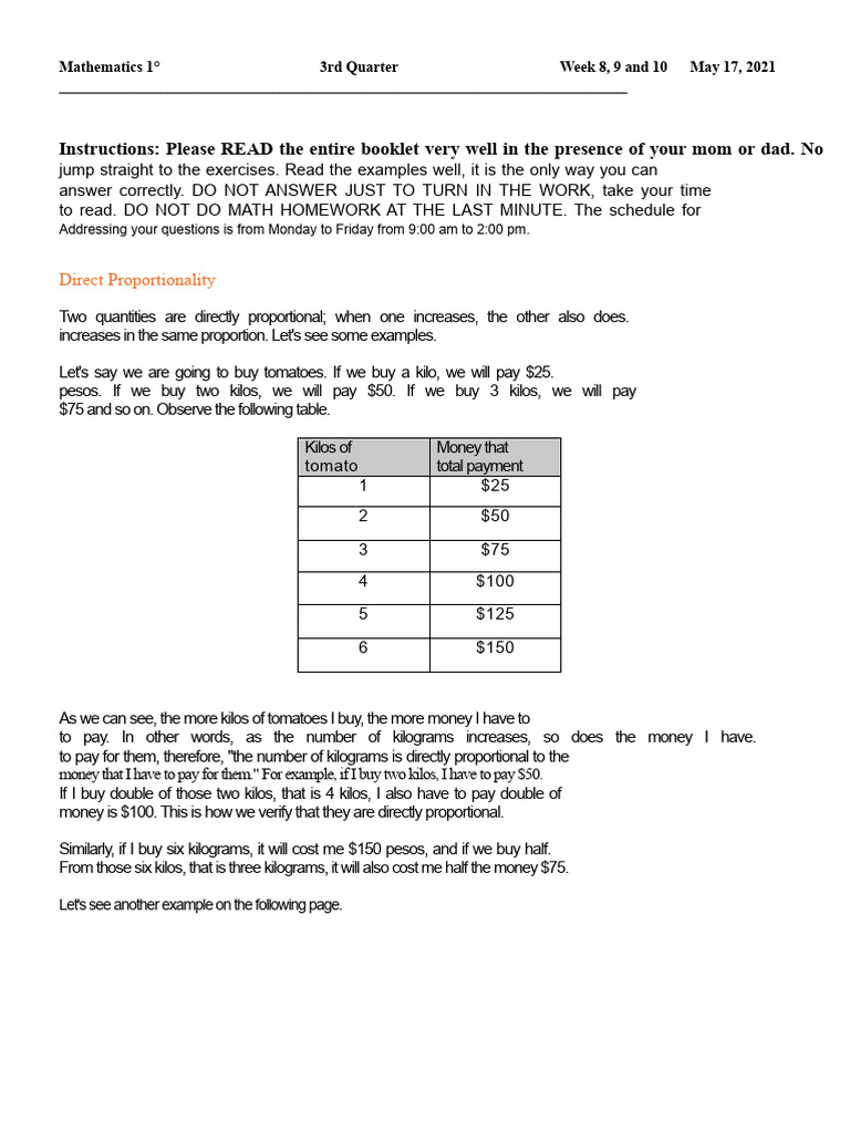 Direct and Inverse Proportionality Problems and Exercises | PDF ...
